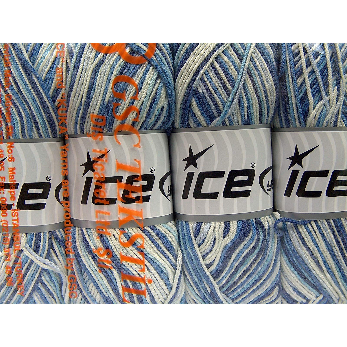 Lot of 4 x 100gr Skeins Ice Yarns Lorena Color (50% Cotton) Yarn Blue Shades White