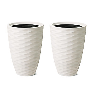 Glitzhome Outdoor Polyresin Planter Set of 2, Modern Decor Large Tall Gardening Containers Flower Pots, Sand Beige