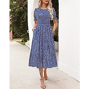 Maggeer 2023 Summer Cute Boho Tiered Puff Short Sleeve Smocked Midi Dresses for Women Blue-1 XS