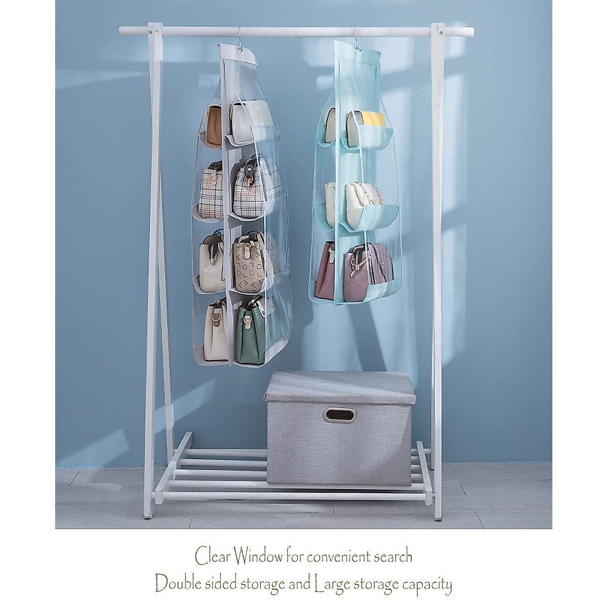 MURRI&MURRDI 2 Packs Hanging Handbag Organizer for Closet, Purse Storage Holder with 8 Easy Access Clear PVC Pockets, Purse Hanger for Wardrobe Space Saving Organizer (2 Gray)