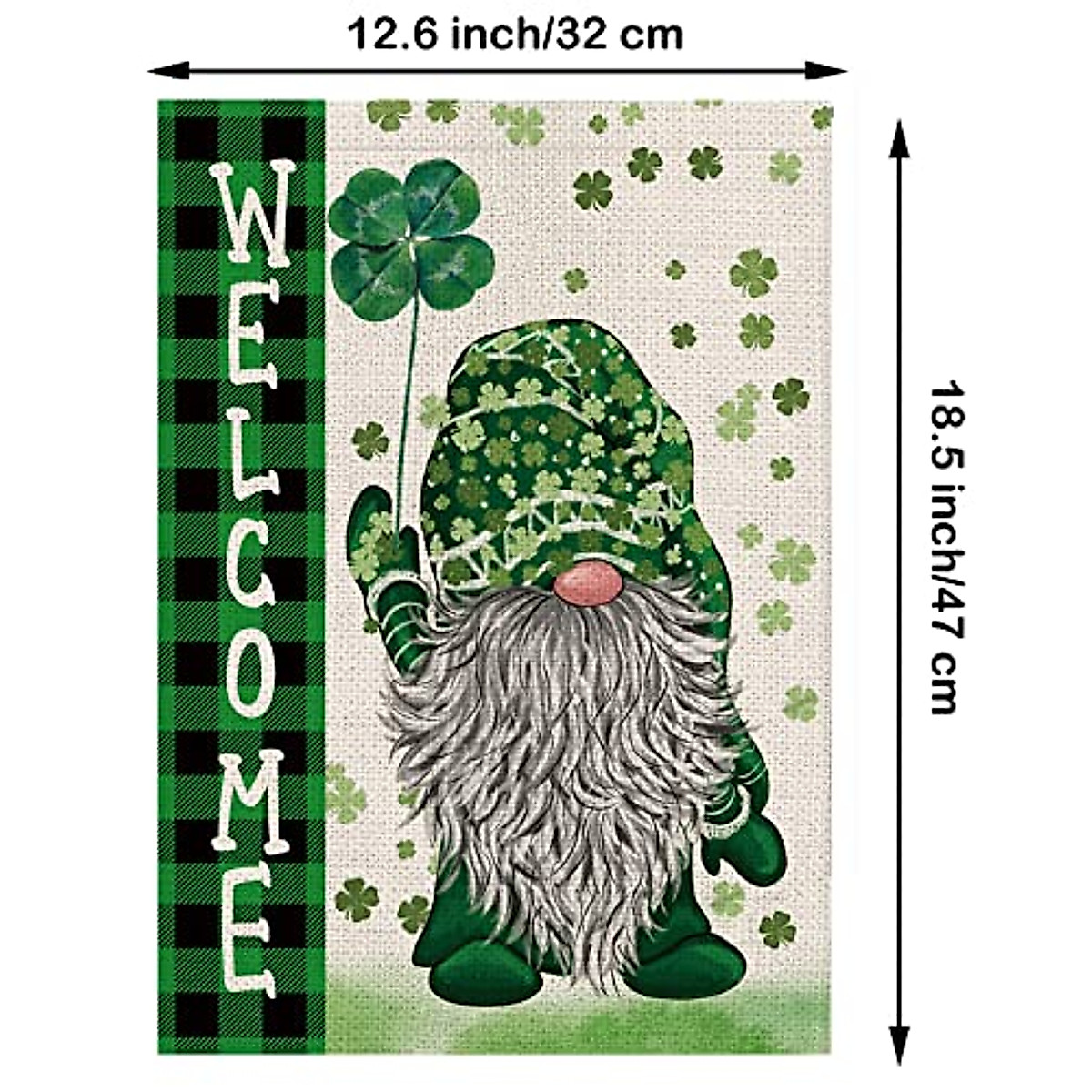 St Patricks Day Garden Flag Green Gnome Shamrocks Vertical Double Sided Burlap Flag Welcome St.Patrick's Day Holiday Yard Outdoor Decor 12.5 x 18 Inch