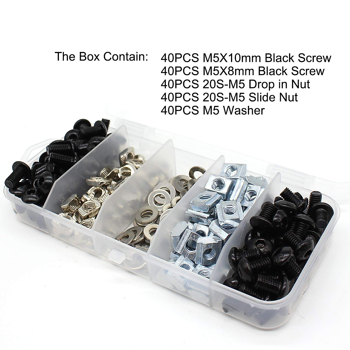 BLCCLOY 200Pcs M5 Black 20 Series T Slot Nuts and Bolts Screws Kit for 2020 Aluminum Extrusion Profile, 40Pcs M5x10, M5x8 Hexagon Socket Screws, 40Pcs M5 T Sliding Nut, Drop in T Nut, 40Pcs Washers
