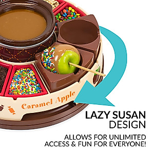 Nostalgia CCA5 Lazy Susan Chocolate & Caramel Apple Party with Heated Fondue Pot, 25 Sticks, Decorating and Toppings Trays