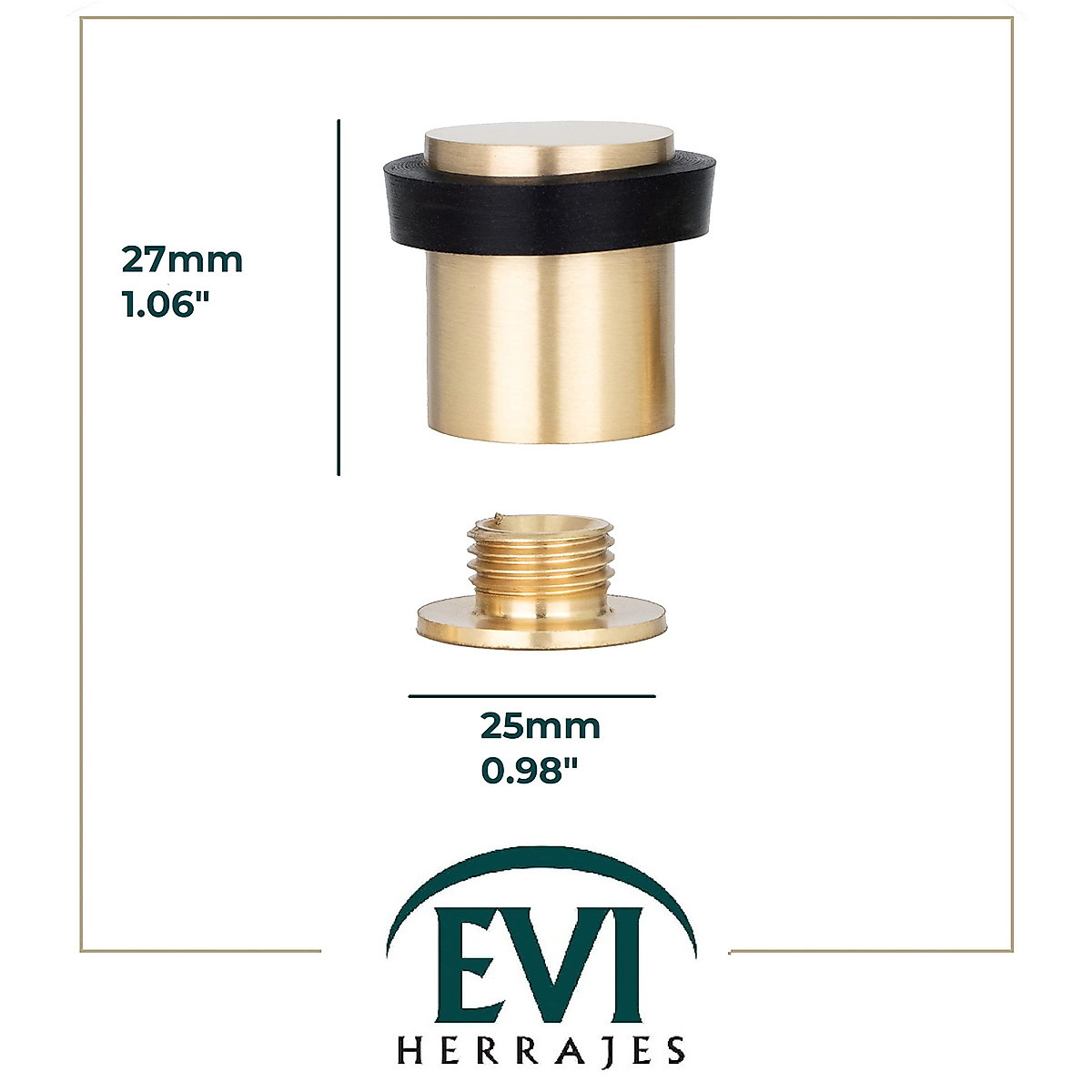 EVI | Doorstop | 0.8'' X 0.98'' | Threaded Base | Black Natural Silicone Rubber | Matte Finished Brass | Includes Screw + Fastening Plug | Pack 2X Model I-180-MT