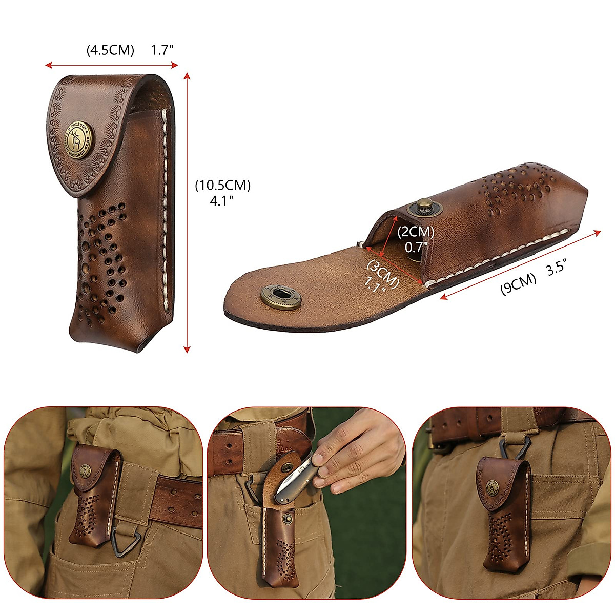 Tourbon EDC Leather Pocket Folding Knife Sheath Carrier Holster Flashlight Holder Case Wine Bottle Opener for Belt