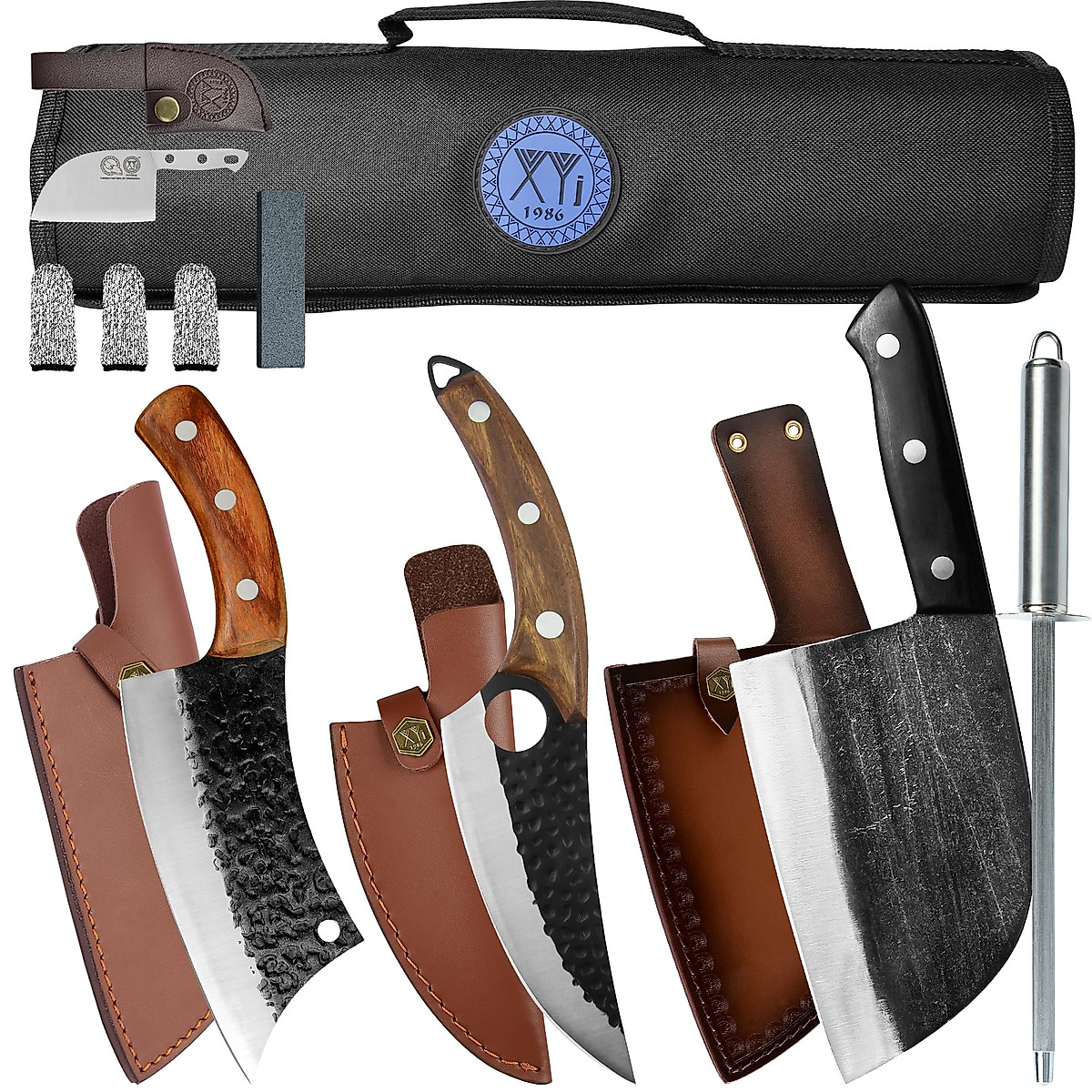 XYJ FULL TANG 6.7 Inch Forging Butcher Knife 6.2 Inch Camping Kitchen Knives 6 Inch Outdoor Boning Knife With Carry Sheath&Chef Knives Bag&Cutlery Gadget Set (Brown)