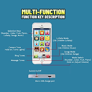 Cooplay Learning Smart Phone Toy Music Lullaby Song Touch Screen Type-C Recharable Cell Phone Mobile Yphone for Toddler Baby