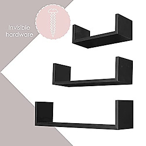 Home Basics Highly Durable Wall Mount Floating Wood Shelf Set of 3 for Livingroom, Bedroom, Bathroom, Kitchen, Trendy Modern Home Décor Organization (BLACK)