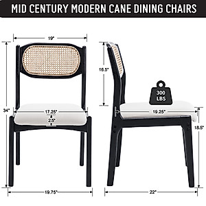 Shunzhi Modern Dining Chairs Set of 2 with Rattan Back and Black Wood Legs, Mid Century Cane Dining Room Chairs Farmhouse Upholstered Kitchen Chairs for Dining Room/Restaurants, White Linen