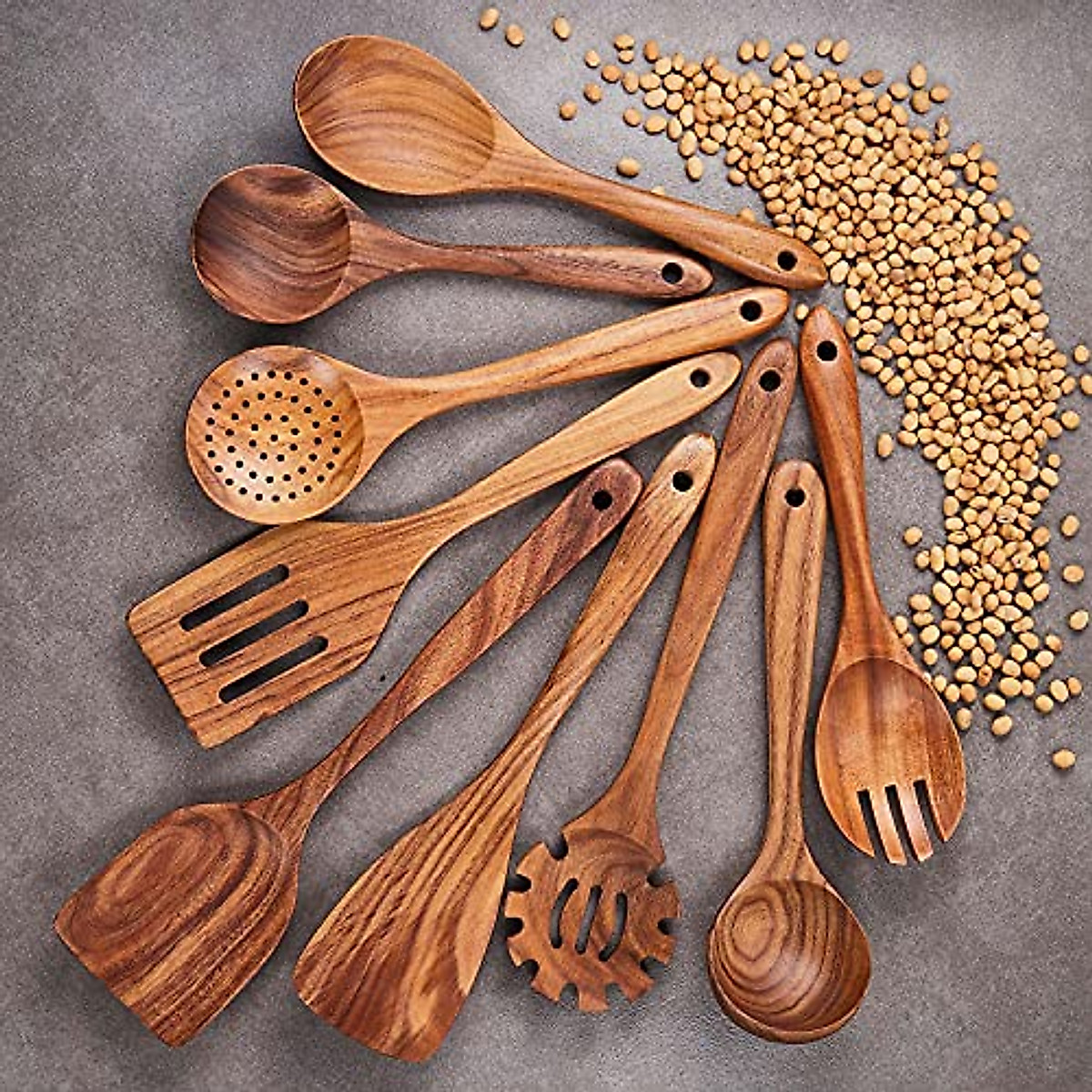 Wooden Kitchen Utensils Set,GUDAMAYE 9 PCE Wooden Spoons for Cooking,Wooden Cooking Utensils,Natural Teak Wooden Spoons For Non-stick Pan