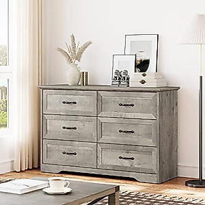 IDEALHOUSE Dresser for Bedroom with 6 Drawers, Wood Drawer Dresser Chest of Drawers for Closet, Living Room, Hallway, Nursery, Kids Bedroom, Grey