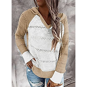 BLENCOT Women's Drawstring Color Block Hoodies Pullover V Neck Casual Long Sleeve Knitted Sweatshirts Khaki 2XL