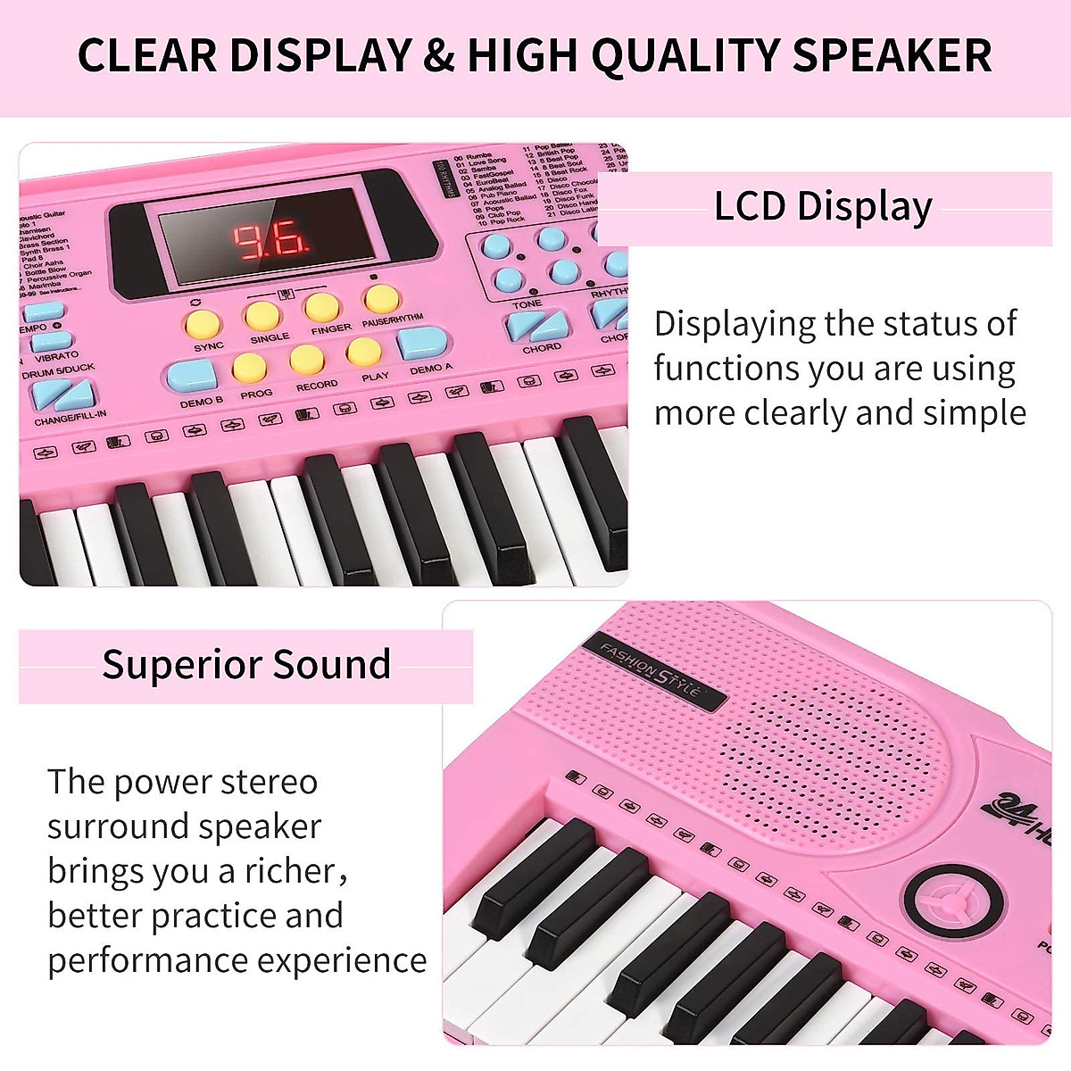 24HOCL 61 Keys Keyboard Piano, Kids Piano Keyboard with UL Adapter, Stand, Built-In Speaker, Mic, Portable Electronic Keyboard for Boys, Girls, Beginners Birthday Holidays Best Gifts