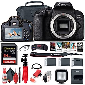 Canon EOS Rebel 800D / T7i DSLR Camera (Body Only) + 64GB Memory Card + Case + Corel Photo Software + 2 x LPE17 Battery + Card Reader + LED Light + Flex Tripod + More (Renewed)