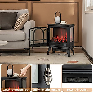 COSTWAY Electric Fireplace Stove with 3-Sided View, Remote Control, 1400W Portable Freestanding Heater with Thermostat, 3-Level Brightness, 0.5-6H Timer, Overheat Protection, CSA Certification, Black
