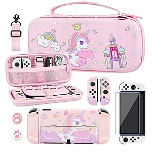 RHOTALL Cute for Carrying Case Set for Nintendo Switch OLED, Pink Storage Case for Switch OLED and Accessories with Protective Case, Screen Protector, Adjustable Shoulder Strap, 2 Thumb Caps