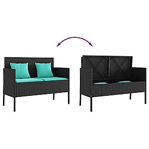 MINERWALL Patio Bench with Cushions Black Poly Rattan,Spacious Patio Bench with Storage and Cushions for Outdoor Comfort and Organization Patio Furniture