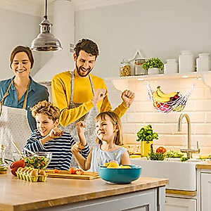 Macrame Fruit Hammock with Hooks - Hanging Fruit Hammock for Kitchen Under Cabinet Handwoven Veggie Banana Hammock for Kitchen Décor