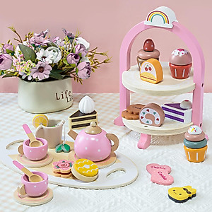 Atoylink Wooden Tea Party Set for Little Girls Toys Kids Play Kitchen Toddler Tea Set with Play Food & Cupcake Stand Pretend Play Wooden Toys for 2 3 4 5 6 Year Old Girl Christmas Birthday Gift