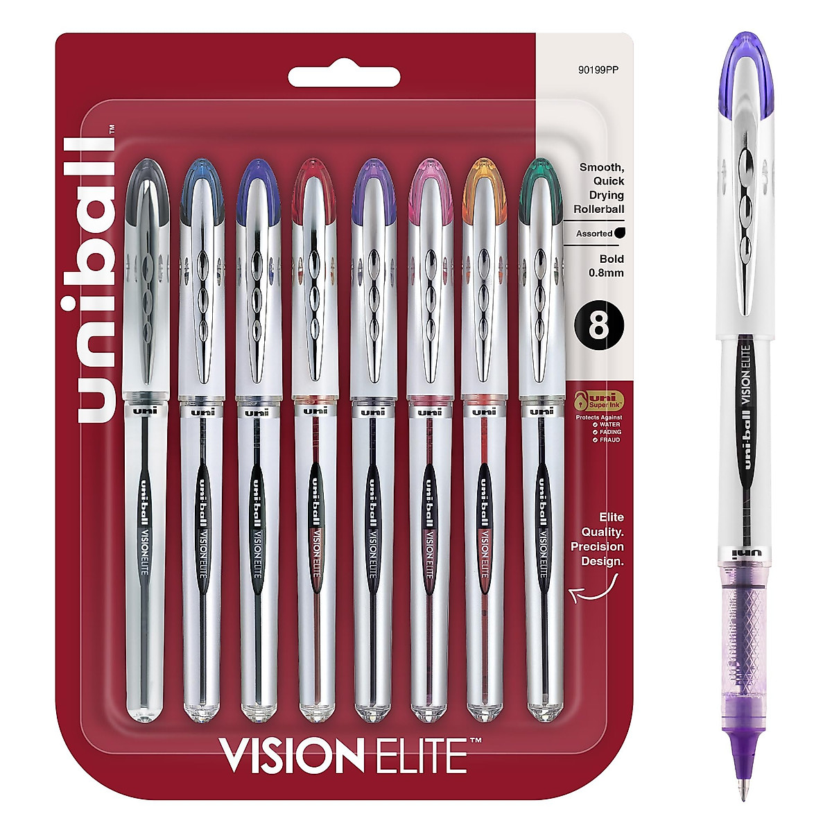 Uni-Ball Vision Elite Rollerball Pen Assorted Color 8-Pack Airplane Safe #90199