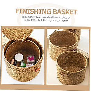 Zerodeko 3pcs Storage Box with Lid Wicker Baskets Wicker Basket with Lid Seagrass Storage Woven Toilet Paper Storage Basket Storage Basket for Shelves Round Seaweed Clamshell Shelf Basket