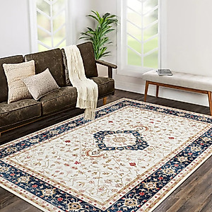 COZYLOOM 9x12 Large Living Room Area Rug Washable Rug Indoor Vintage Bedroom Rug with Rubber Backing Oriental Area Rug Throw Floor Carpet Floral Dining Room Large Carpet Home Office Rug, Gold