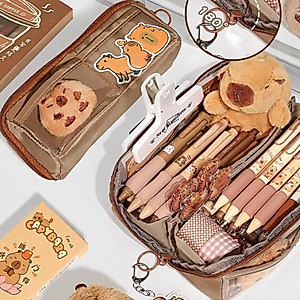 GUANGLU Cute Capybara Pencil Case, Capybara School Supplies, Large Capacity Wide Opening Mouth Pencil Pouch with Cute Pins Plush Stickers Pendant and Memo Pad