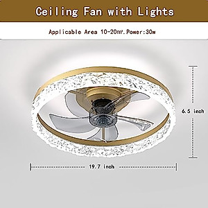 Pang Pang Gold Ceiling Fans with Lights Flush Mount,LED Dimmable Low Profile Ceiling Fan with Remote Control,6 Speeds Reversible Blades and Smart 3 Light Color for Bedroom Living Room Kitchen