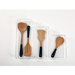 NEETBU 3 Pack Drawer Organizer Clear Plastic Storage Tray For Flatware &Utensil Cosmetics,Makeup Tools, Jewelries,Office Supplies (9”X6”X2”)