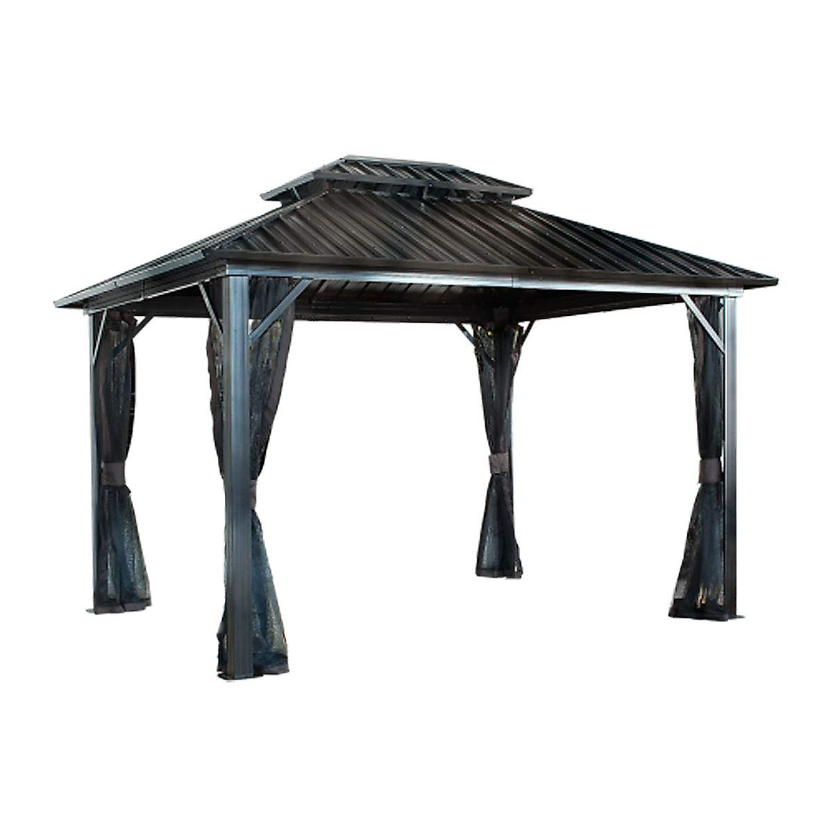 Sojag 12' x 12' Genova II Hardtop Gazebo Outdoor Weather-Resistant Aluminum Frame Shelter with Mosquito Net Black,Brown