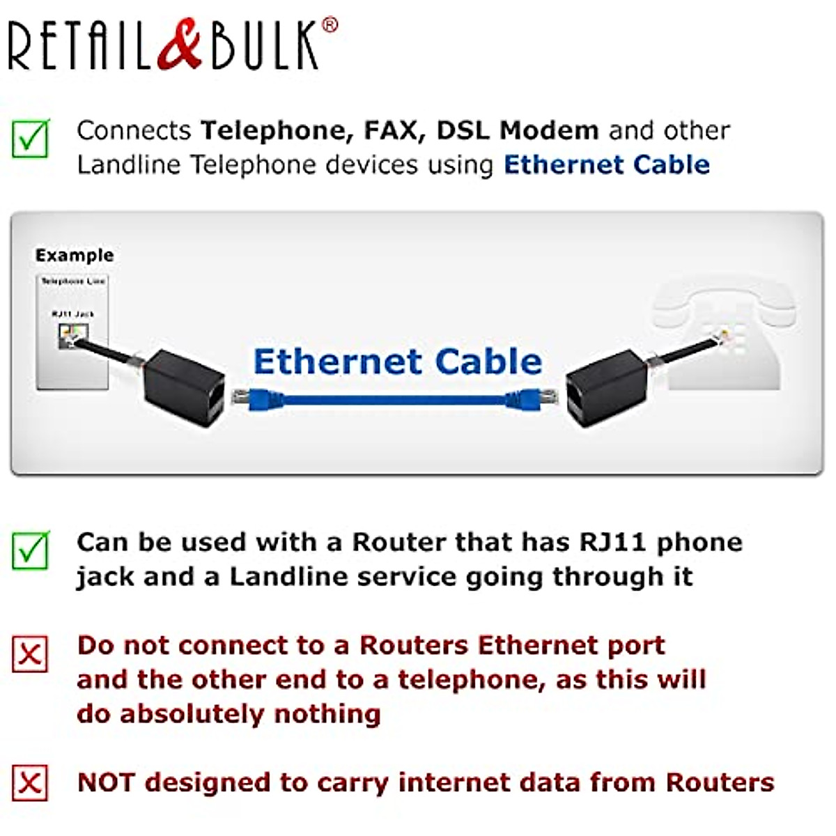 RetailAndBulk (2 Pack) Phone Jack to Ethernet Adapter RJ45 Female to RJ11 Male for Landline Telephone Service