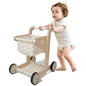 Hopscotch Squad Baby Wooden Shopping Cart Push Pull Walker Doll Stroller for Toddler, Pretend Peducational Learning Walker, Play Wagon with Rubber Wheel, Larger Size 16.5” x 111.4” x 18”