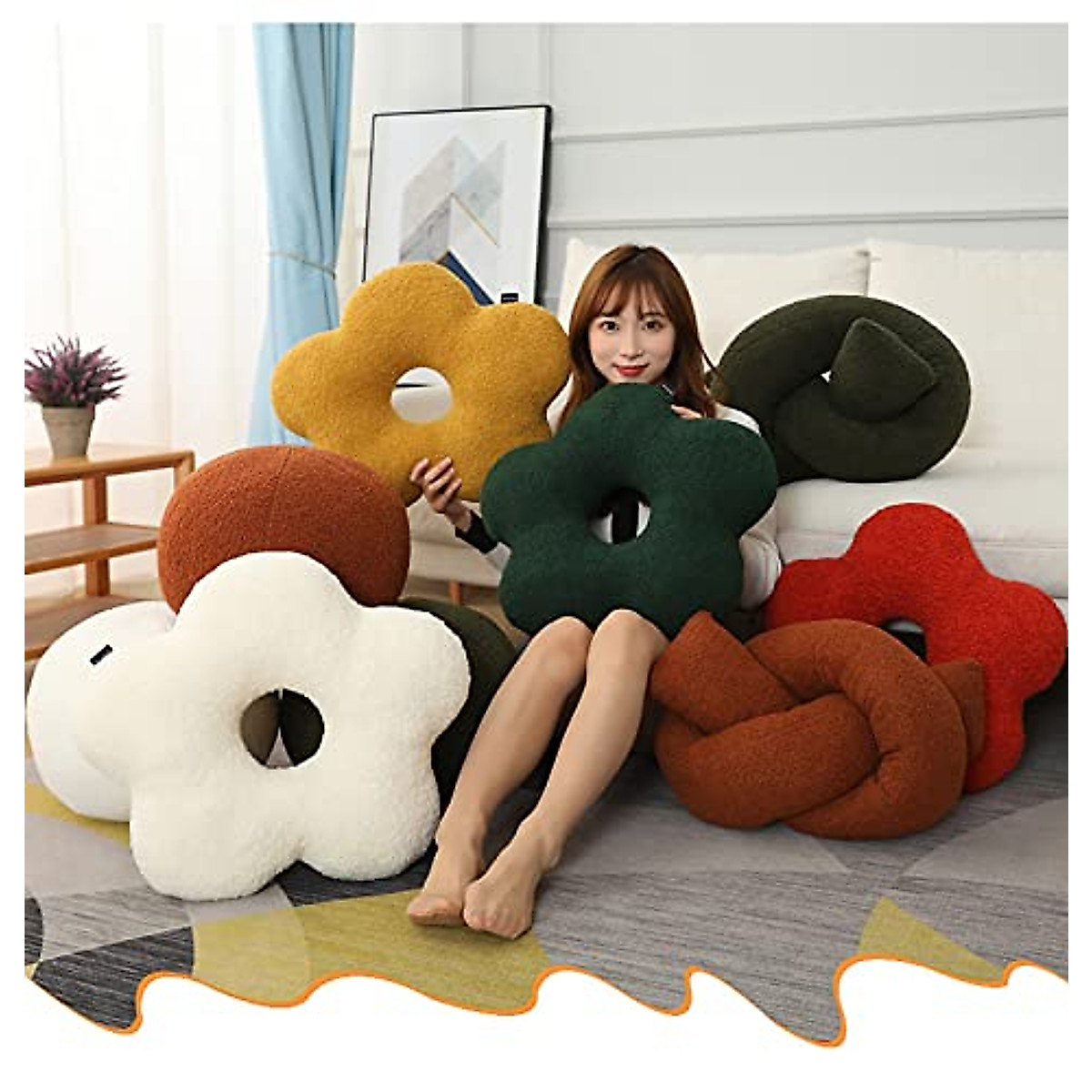 Nordic Minimalist Modern Home Plush Ball Decorative Pillow, Flower Pillow. (45cm（17.7inch）, White Flower)