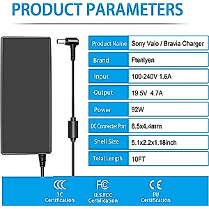 90W 19.5V 4.7A AC Adapter Laptop Charger Replacement for Sony Vaio PCG-3J1L VPCCW21FX VGN-CR240E VPCF236FM PCG-61A14L PCGA-AC19V10 VGP-AC19V10 VPCEH11FX SVE14118FXW VGN-A PCG-GRX VGN-AR Sony Bravia