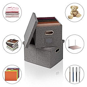 Collapsible File Box Storage Organizer with Lid [1-Pack] Decorative Linen Filing Storage Office Box Hanging Letter/Legal Folder Home Office Bins Cabinet Container