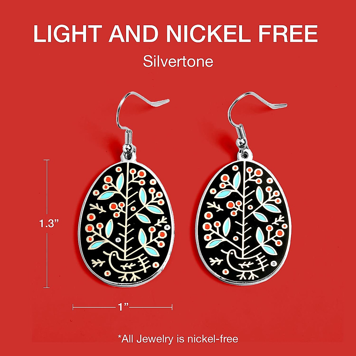 Ukrainian Easter Egg (Pysanky) Collection Earrings for Women - Pine Tree Drop Dangle Design (Silvertone)