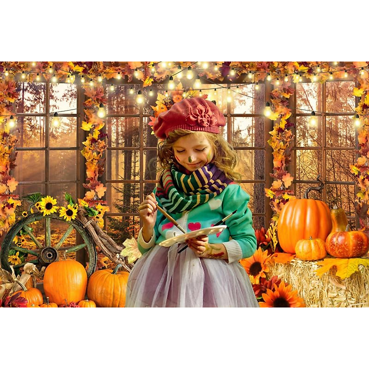 7x5ft Fall Window Photo Backdrop Autumn Forest Scenery Maple Leaves Pumpkin Harvest Photography Background Fall Theme Thanksgiving Day Party Decorations Banner Birthday Baby Shower Decor