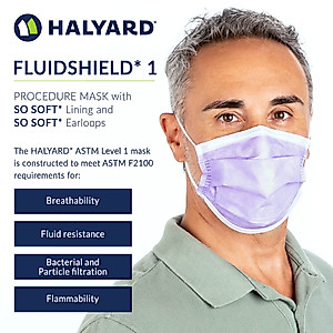 HALYARD FLUIDSHIELD 1 Disposable Procedure Mask w/SO SOFT Lining and SO SOFT Earloops, Lavender, 25868 (Box of 50)