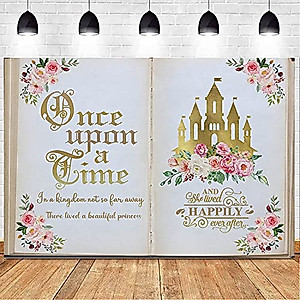 Aumeko Once Upon a Time Backdrop Pink Floral Gold Castle Princess Fairytale Birthday Party Decoration Girls First Birthday Party Photobooth Backdrop Supplies Cake Table Decorations