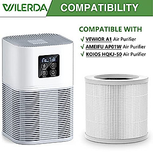 2 Pack A1 Replacement Filter Compatible with VEWIOR Air Purifier HQSC-50, HQKJ-80, AMEIFU AP01W, KOIOS HQKJ-50 Air Pur ifier, 3-in-1 H13 True HEPA Air Cleaner Filter