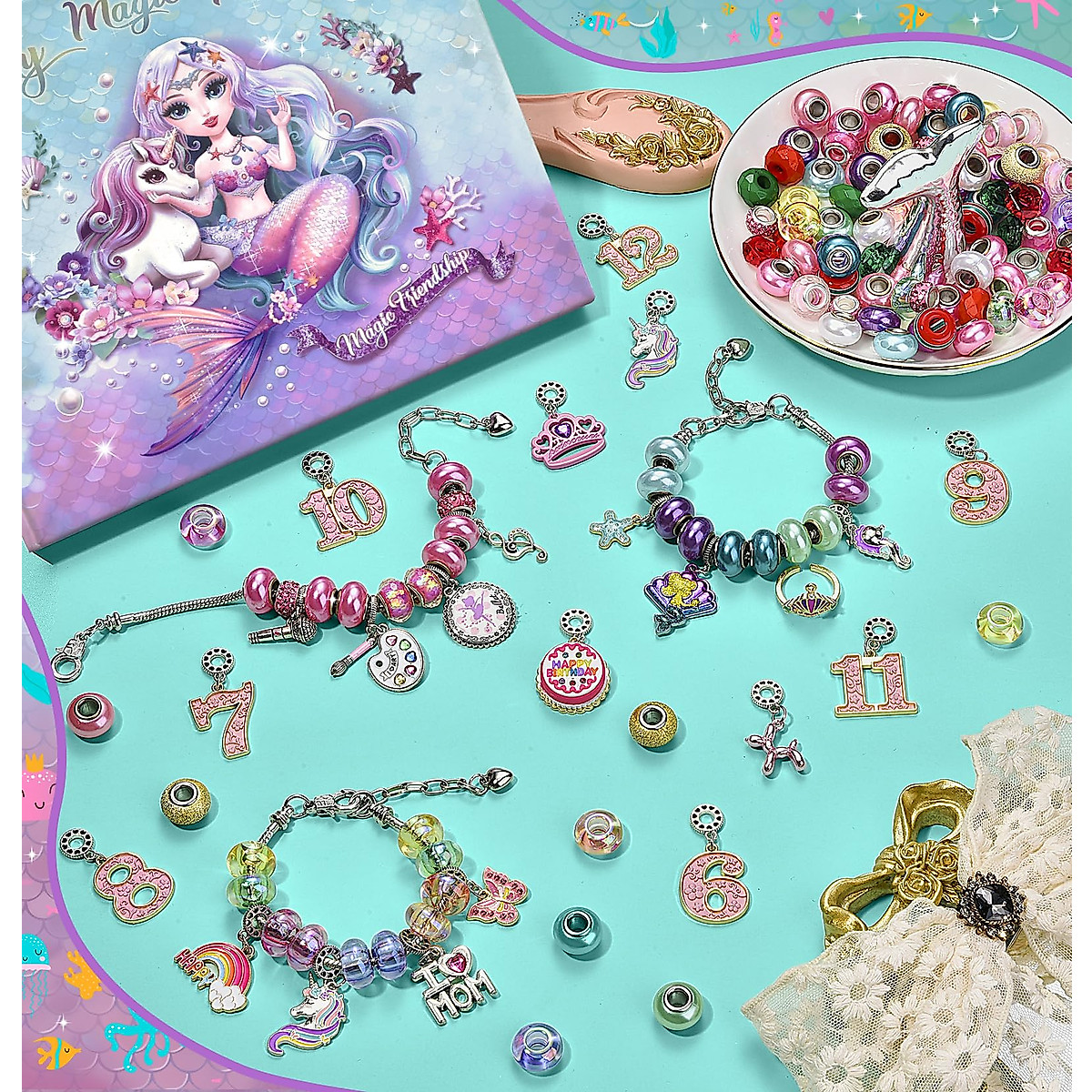 Girls Charm Bracelet Making Kit: Mermaid Jewelry Supplies Make Set Charm Bracelets Kits DIY Art Craft Set Girl Toys Age 5 6 7 8 9 10 11 12 Year Old Girl Little Children Creative Birthday Gifts for Kid