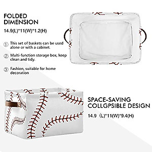 Baseball Stitches Laces Storage Basket Bin Ball Softball Large Fabric Toys Storage Cube Box with Handles Collapsible Closet Shelf Cloth Organizer Basket for Nursery Bedroom