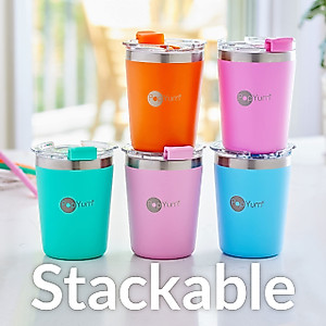 PopYum 9oz Insulated Stainless Steel Kids’ Cups with Lid and Straw, 2-Pack, Blue, Pink, stackable, sippy, baby, child, toddler, tumbler, double wall, vacuum, leak proof