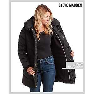 Steve Madden Women's Plus-Size Chevron Puffer Jacket, Black, 3X