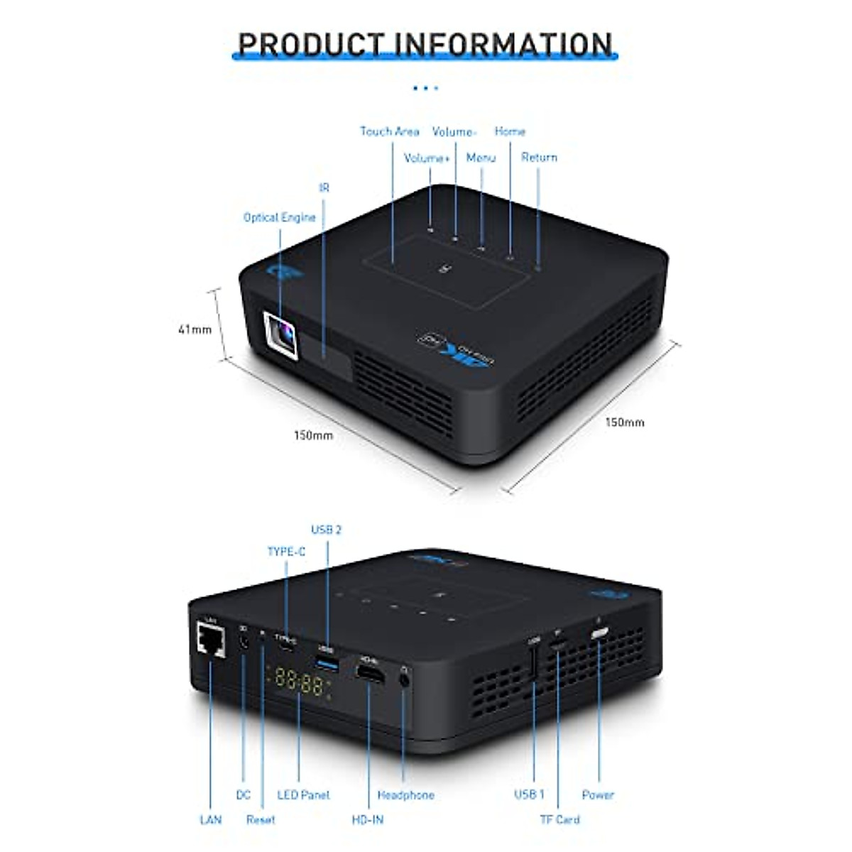 DROOS P15 Mini DLP Projector HDMI-Compatible Pocket Video Beamer Portable Android Home Theater Bluetooth 3D Proyector (projectors)