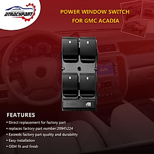 Driver Side Master Power Window Control Switch with RED Light for | 2007-2016 GMC Acadia | Replaces Part# 20945224