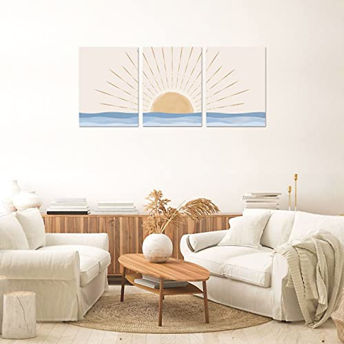 Boho Wall Art Set of 3, Neutral Geometric Sun Rising on the Sea Minimalist Art Framed Canvas Prints Artwork, Mid Century Modern Boho Sun Wall Art Decor for Bathroom, Bedroom, Living Room, Office