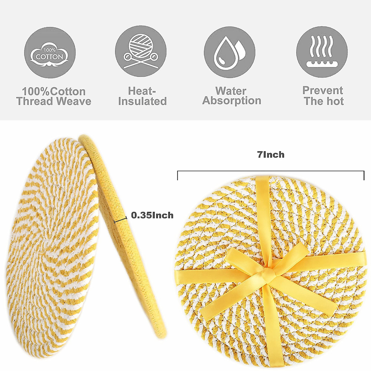 KAKAMAY Pot Holders for Kitchen Trivet Set 100% Cotton Thread Weave(Set of 3),Hot Pads for Kitchen Trivets for Hot Dishes Hot Pots and Pans by Diameter 7 Inch Yellow