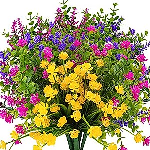 KLEMOO 12 Bundles Outdoor Artificial Fake Flowers UV Resistant No Fade Boxwood Faux Plastic Shrubs Plants for Garden Patio Porch Window Box Home Wedding Farmhouse Hanging Décor