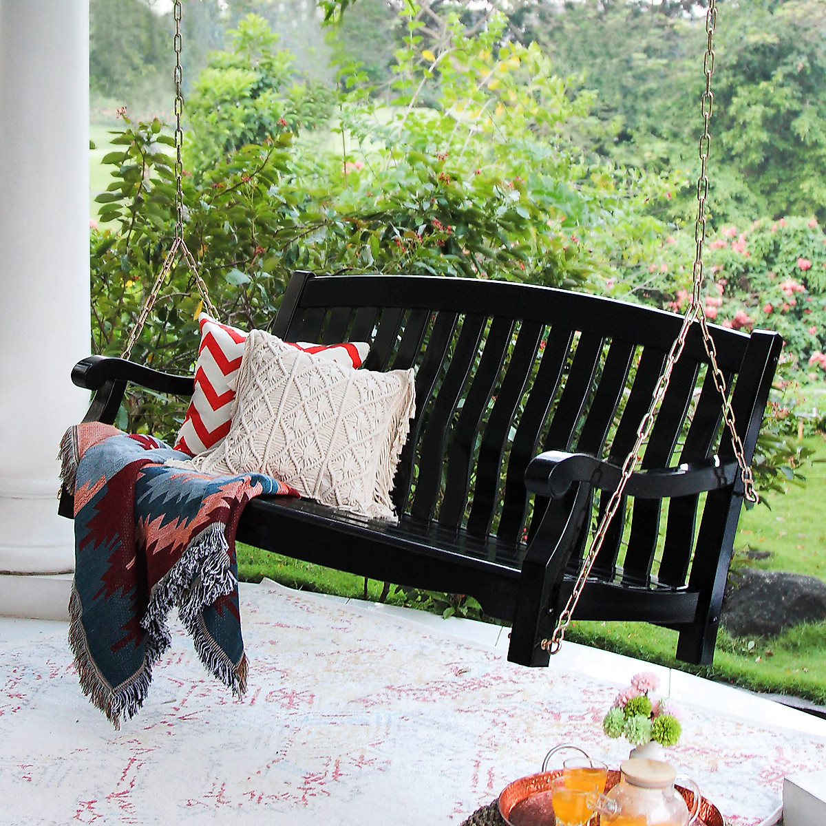 Bonn Mahogany Wood Black Porch Swing